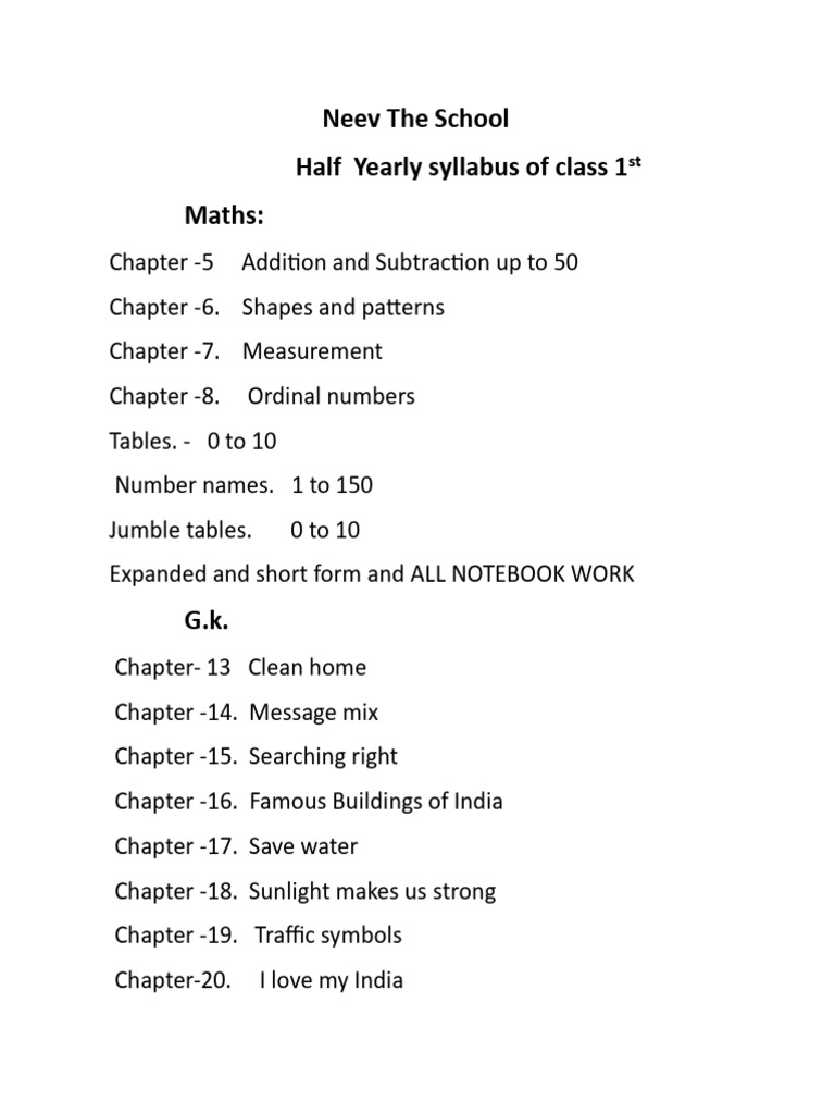 Half Yearly Syllabus of Class 1st | PDF