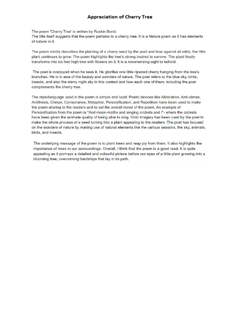 Appreciation of Cherry Tree | PDF