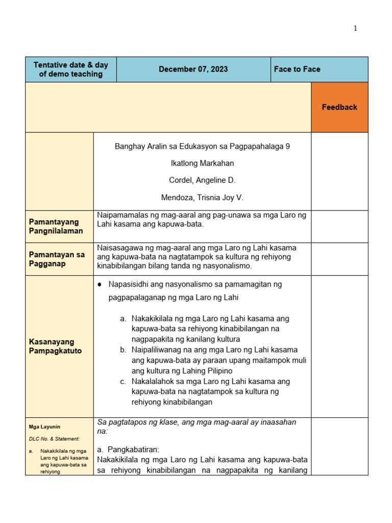 6 f2f cordel mendoza lesson plan | PDF