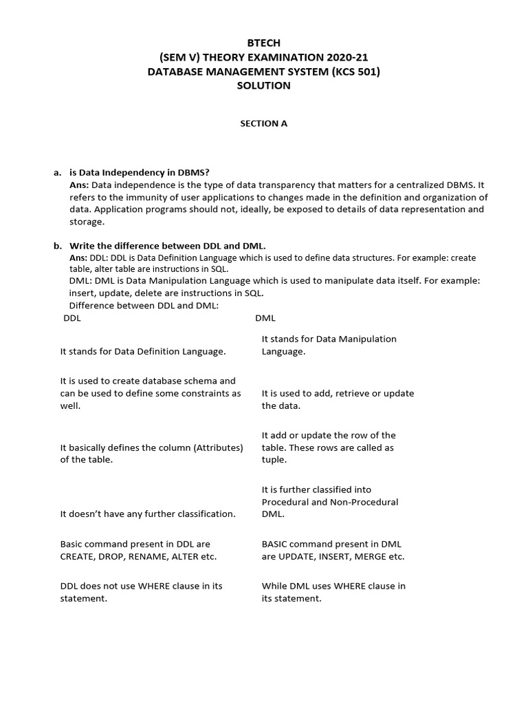DBMS END TERM Paper and Solution 2020 | PDF | Relational Database ...