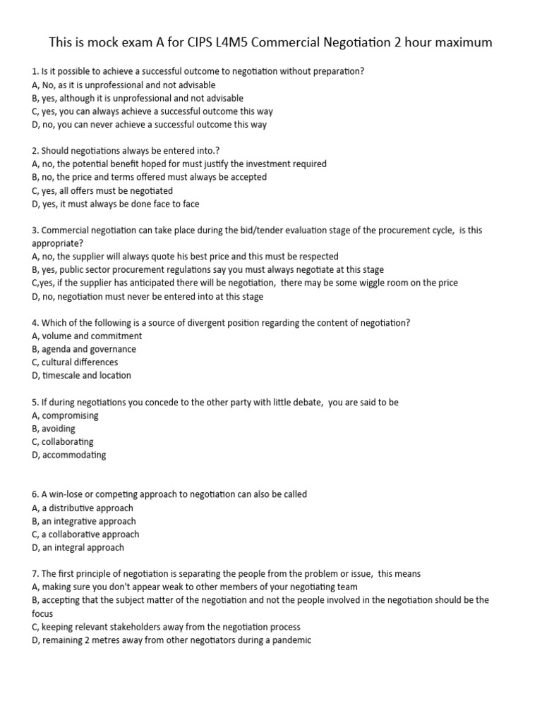 L4M5 Mock Exam Question | PDF | Negotiation | Pricing
