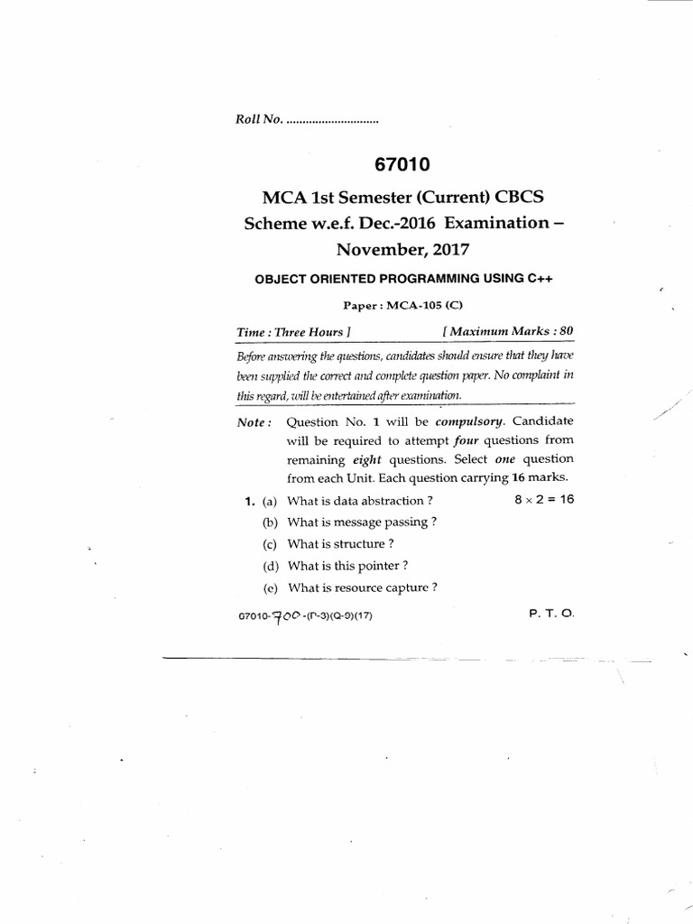 Mca 1 Sem Object Oriented Programming Using Cpp 67010 Dec 2017 Pdf