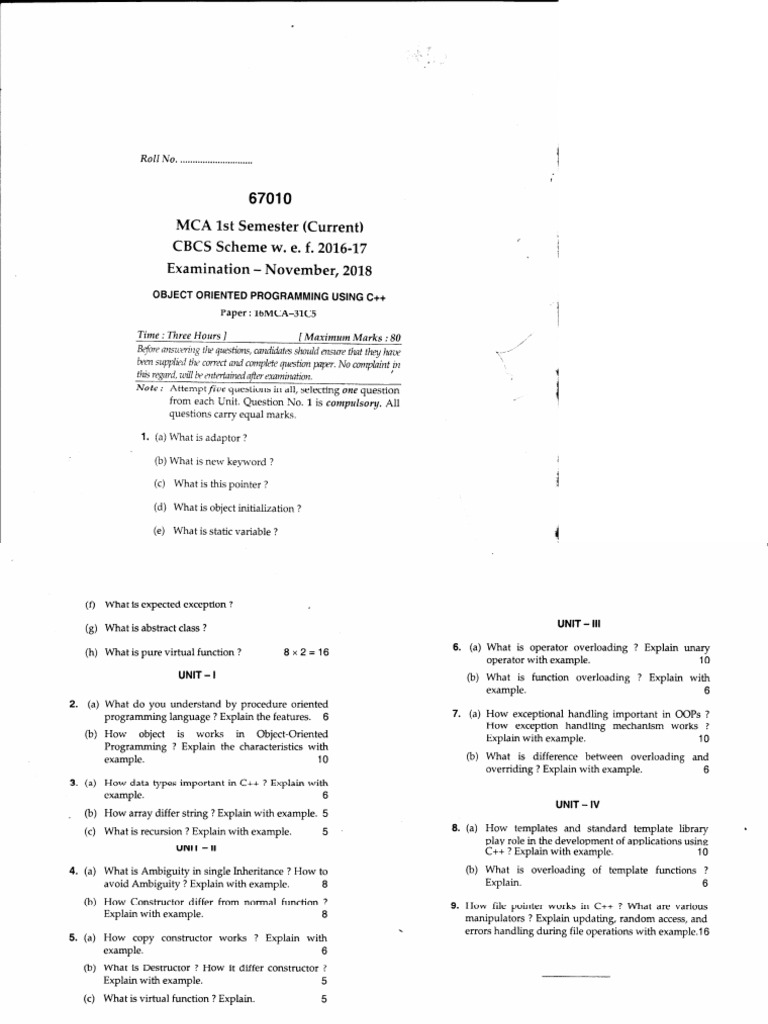 Mca 1 Sem Object Oriented Programming Using CPP 67010 Dec 2018 | PDF
