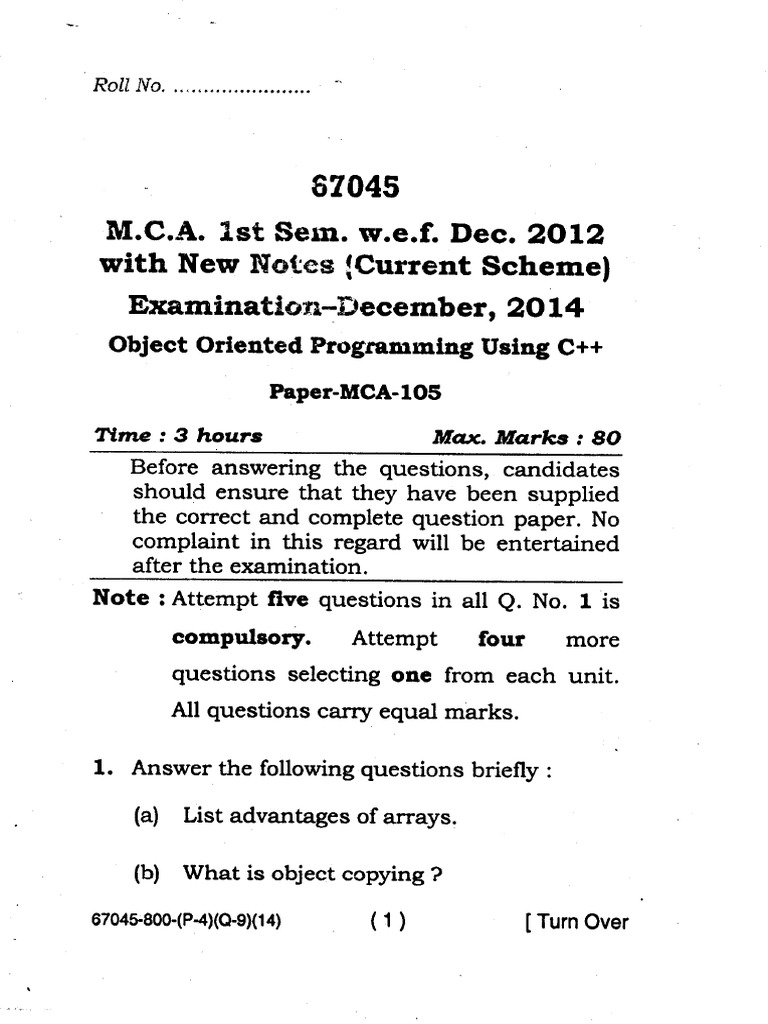 Mca 1 Sem Object Oriented Programming Using CPP 67045 Dec 2014 | PDF