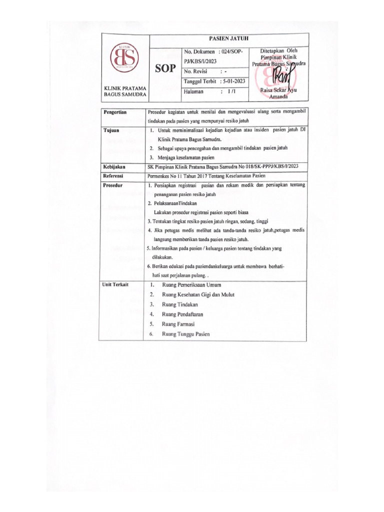 SOP Program Pencegahan Pasien Jatuh | PDF