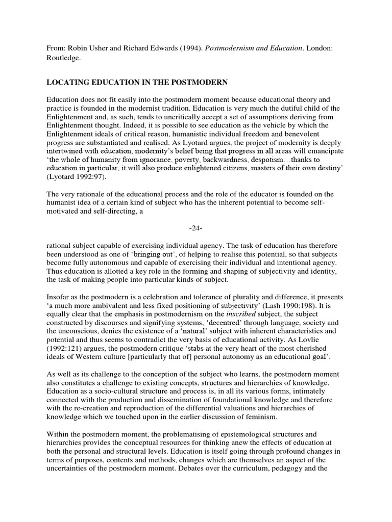 Postmodernism and Education-Usher and Edwards | PDF | Postmodernism | Discourse
