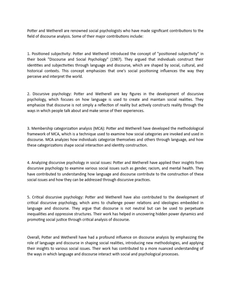 Potter and Wetherell's Discourse Psychology | PDF | Discourse | Psychology