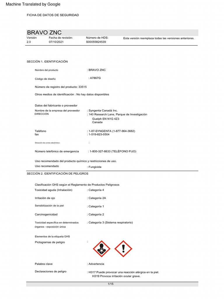 Ficha de Seguridad: Bravo ZNC Clorotalonil | PDF | Especialidades Medicas