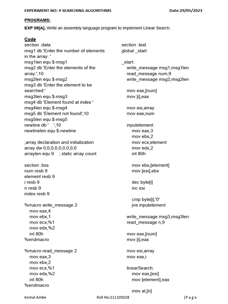 MPMC EXP 09 Code & Output Print | PDF | Assembly Language | Computer Programming