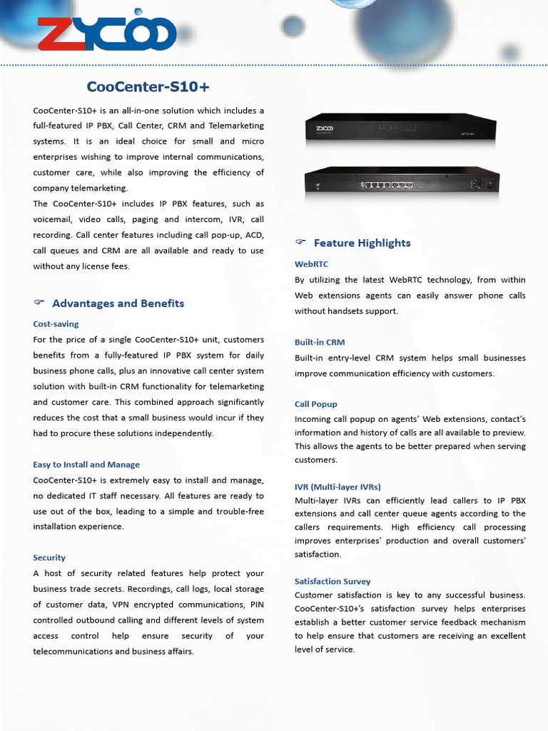 CooCenter-S10+ Datasheet v3.0 | PDF | Call Centre | Interactive Voice Response