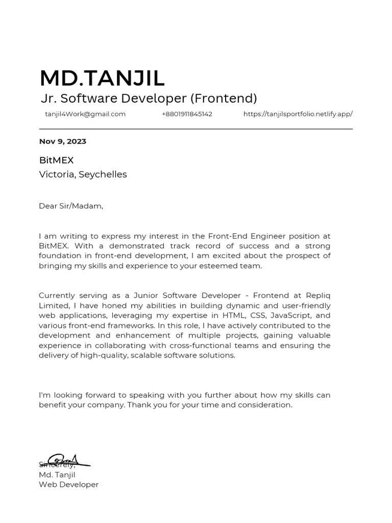 Md. Tanjil Cover Letter | PDF