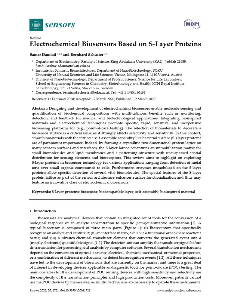 Electrochemical Biosensors Based On S-Layer Protei | PDF | Biosensor | Field Effect Transistor