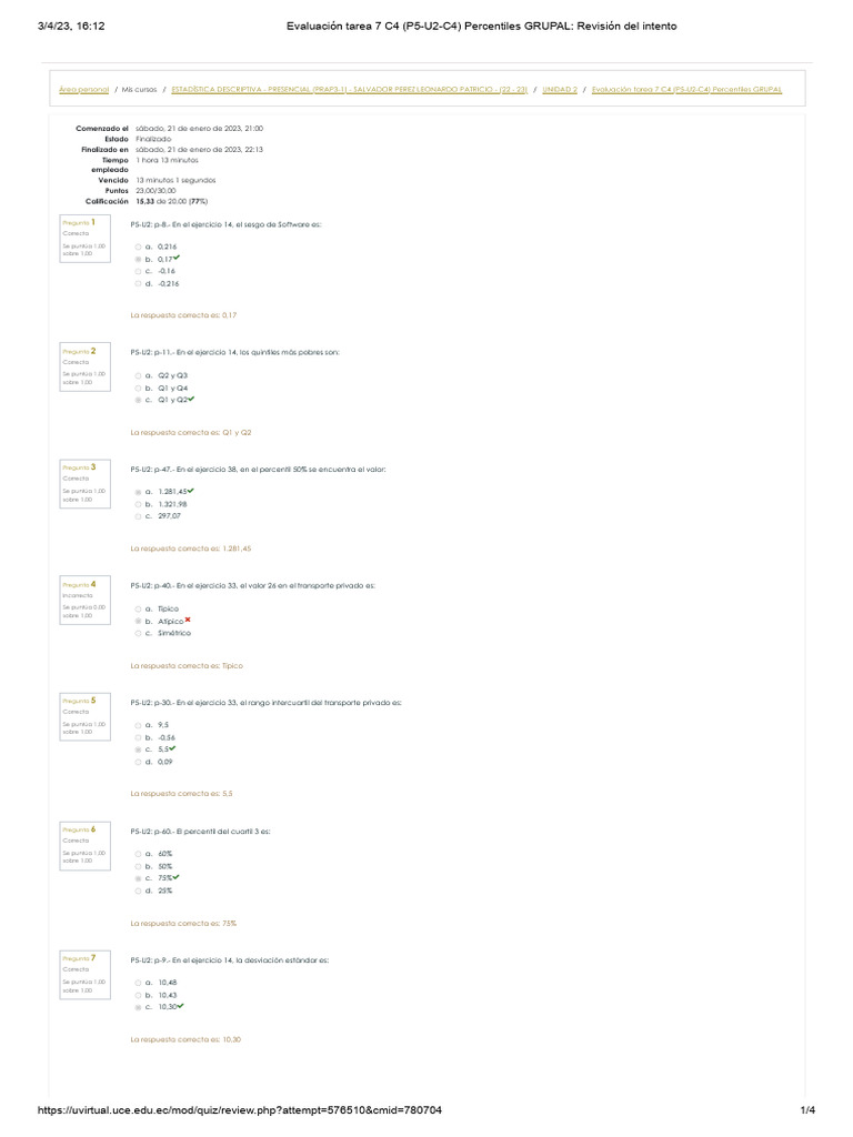 Evaluación Tarea 7 C4 (P5-U2-C4) Percentiles GRUPAL - Revisión Del Intento | PDF ...