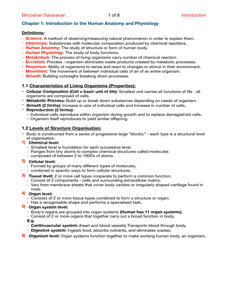 Human Anatomy and Physiology 1 Complete Study Notes | PDF