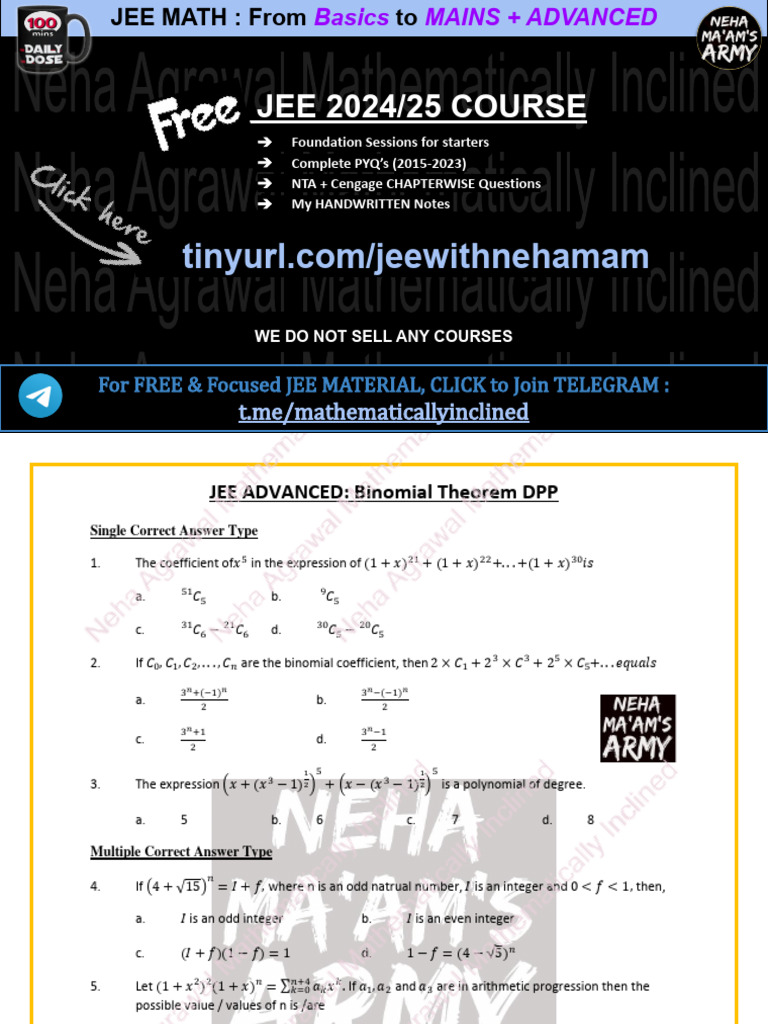 DPP - Question - JEE ADVANCED - Binomial Theorem | PDF | Combinatorics | Mathematical Concepts