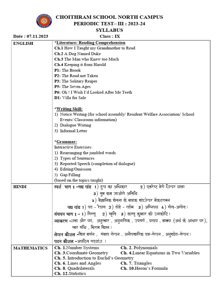 Syllabus For Class IX PT-3 | PDF | Young Adult