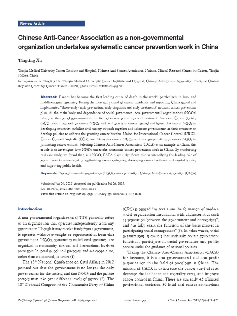 Chinese Anti-Cancer Association As A Non-Governmental Organization ...