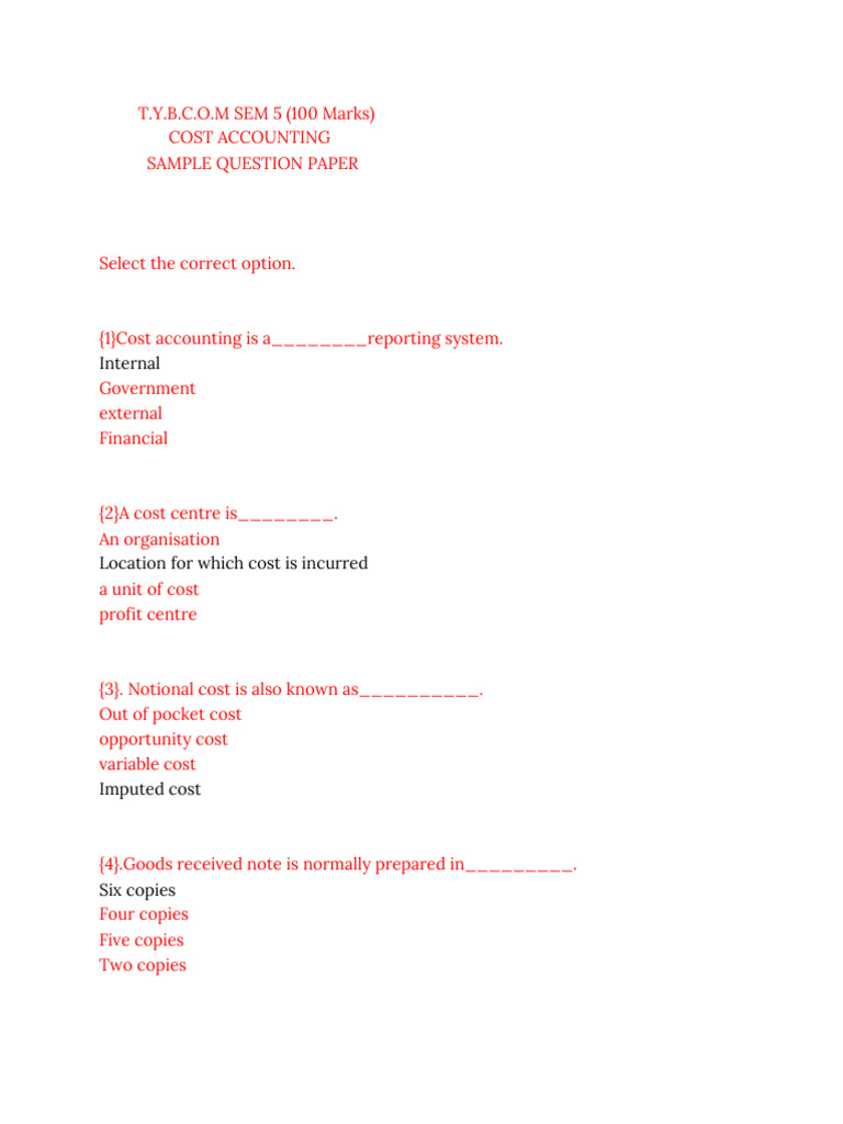 Cost Accounting Sem 5 Sample Question Paper Pdf Cost Cost Of