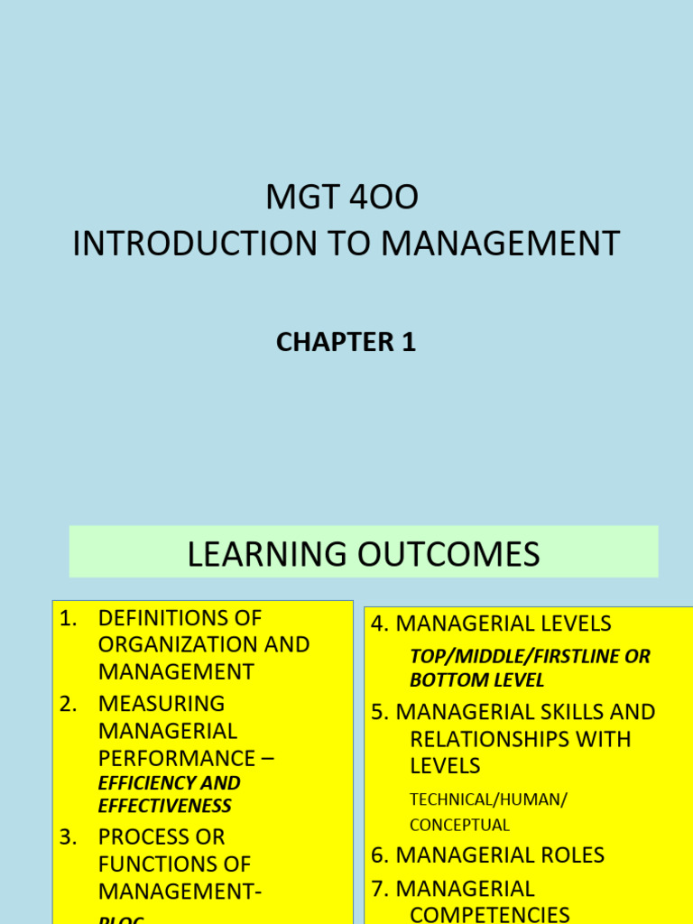 Mgt400-Chapter 1-Introduction To Management | PDF | Goal | Decision Making