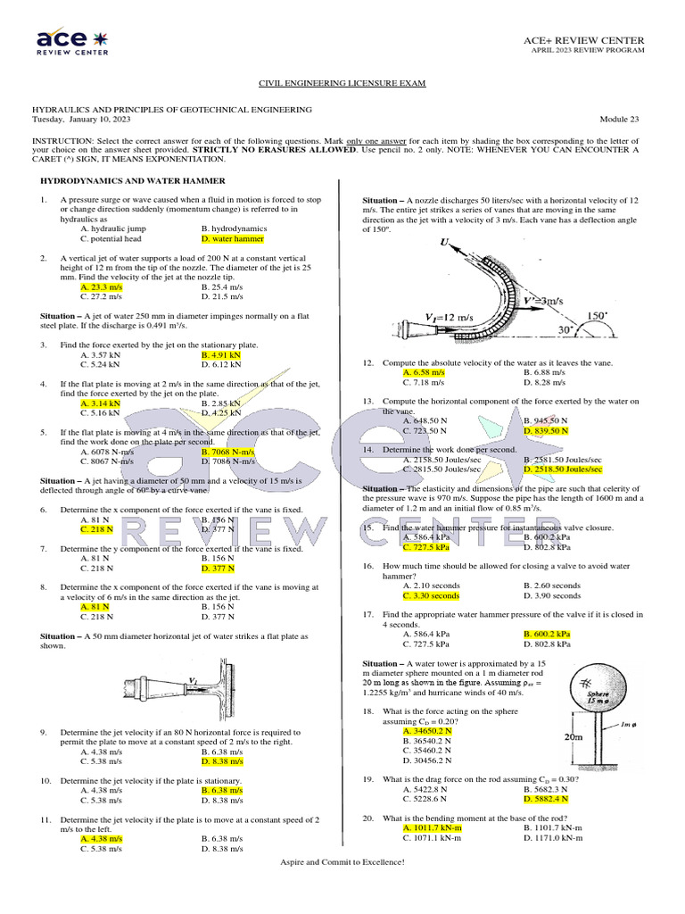CE Module 23 - Hydrodynamics and Water Hammer (Answer Key) | PDF | Pascal (Unit) | Pressure