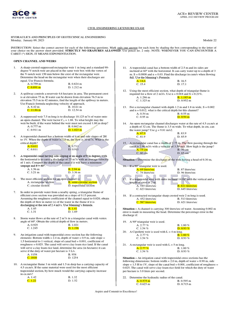 CE Module 22 - Open Channel and Weirs (Answer Key) | Download Free PDF ...