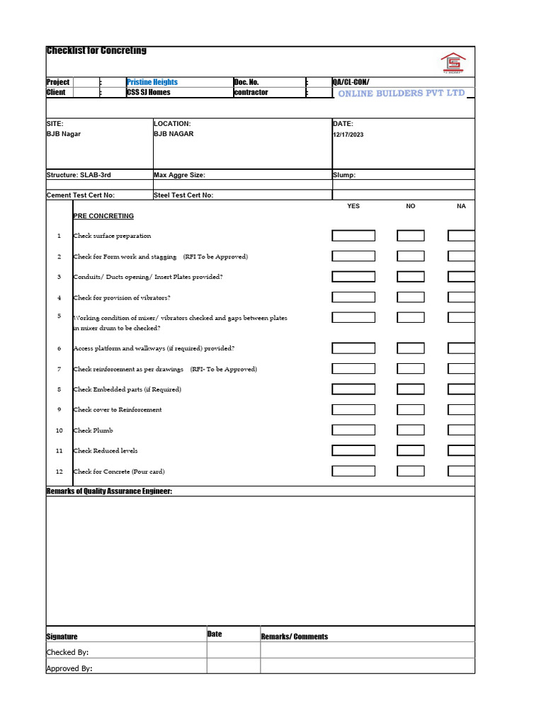 Concrete Pre-Pour Checklist | PDF