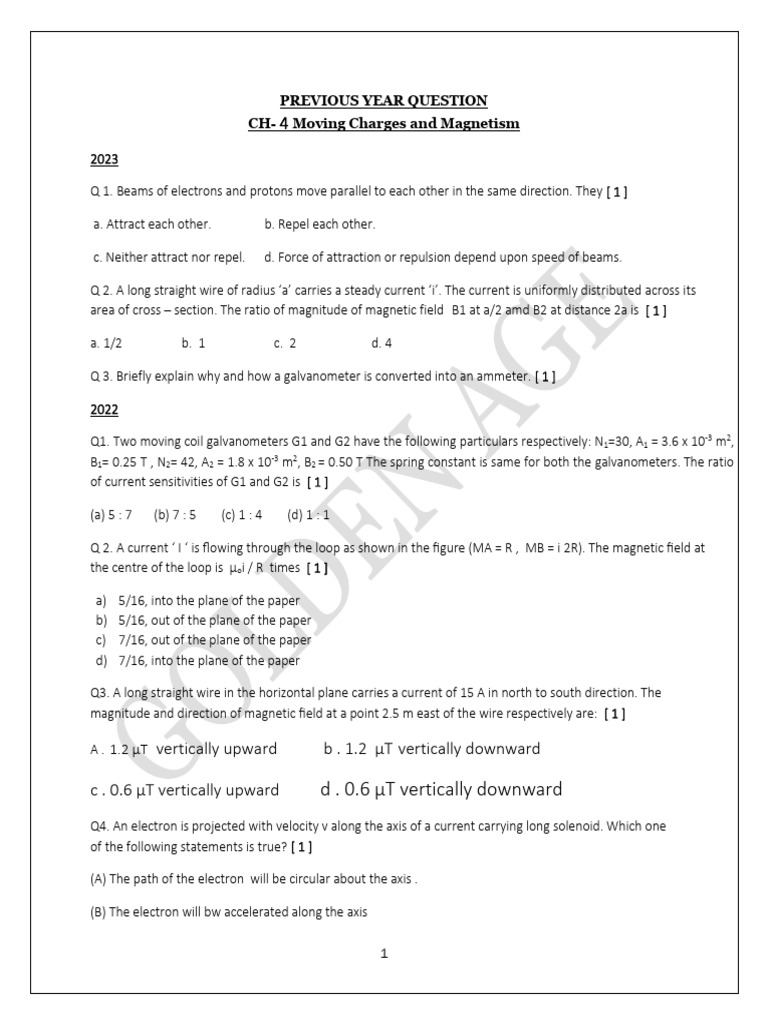 CH - 4 Moving Charges and Magnetism PYQ | PDF