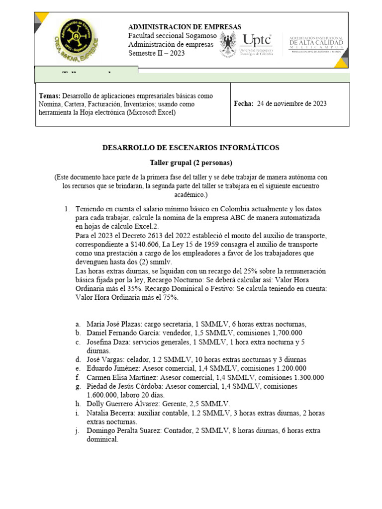 Taller Grupal Sig Nomina Empresarial Pdf Microsoft Excel Salario