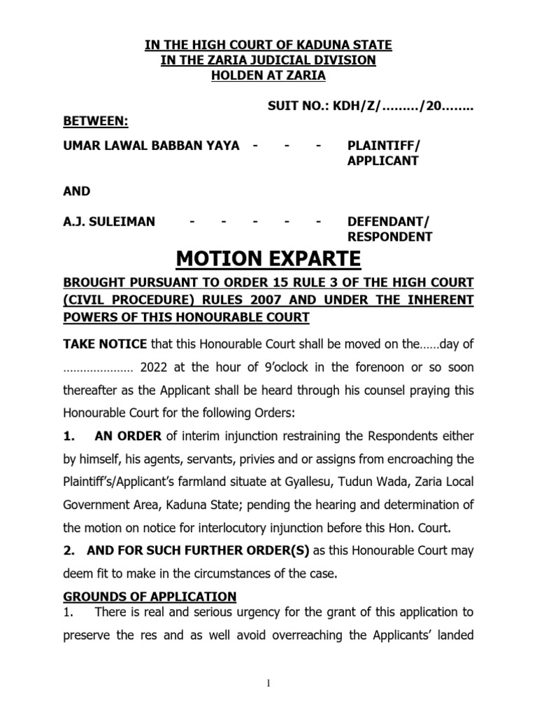 Interim Motion for Land Injunction in Zaria | PDF | Lawsuit | Judiciaries