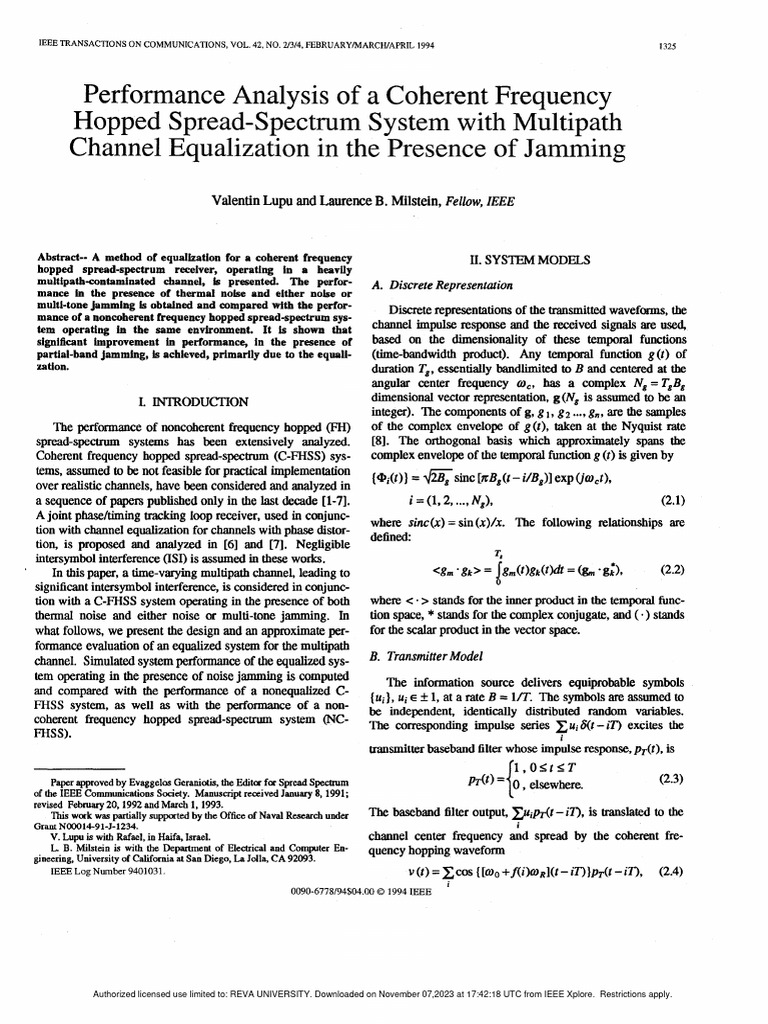 Performance Analysis Of A Coherent Frequency Hopped Spread Spectrum System With Multipath 