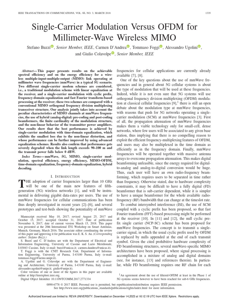 Single Carrier Modulation Versus Ofdm For Millimeter Wave Wireless Mimo