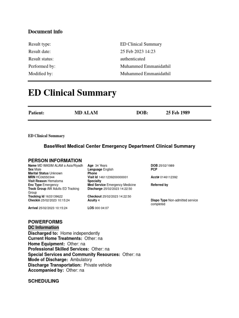 ED Clinical Summary for MD Alam | PDF | Causes Of Death | Social Programs