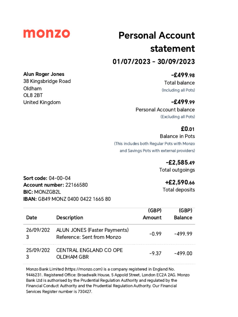 Monzo_bank_statement_2023-07-01-2023-09-30_9192 | PDF | Payments ...