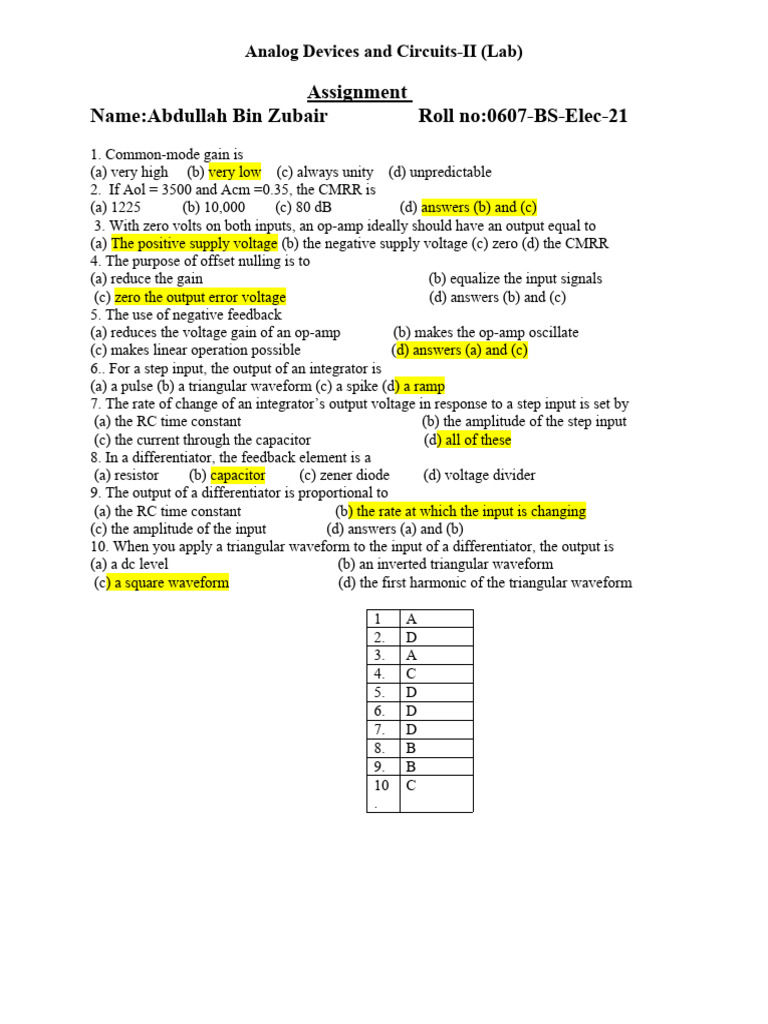 Analog Devices and Circuits Lab (II) Assignment | PDF | Operational Amplifier | Electrical ...