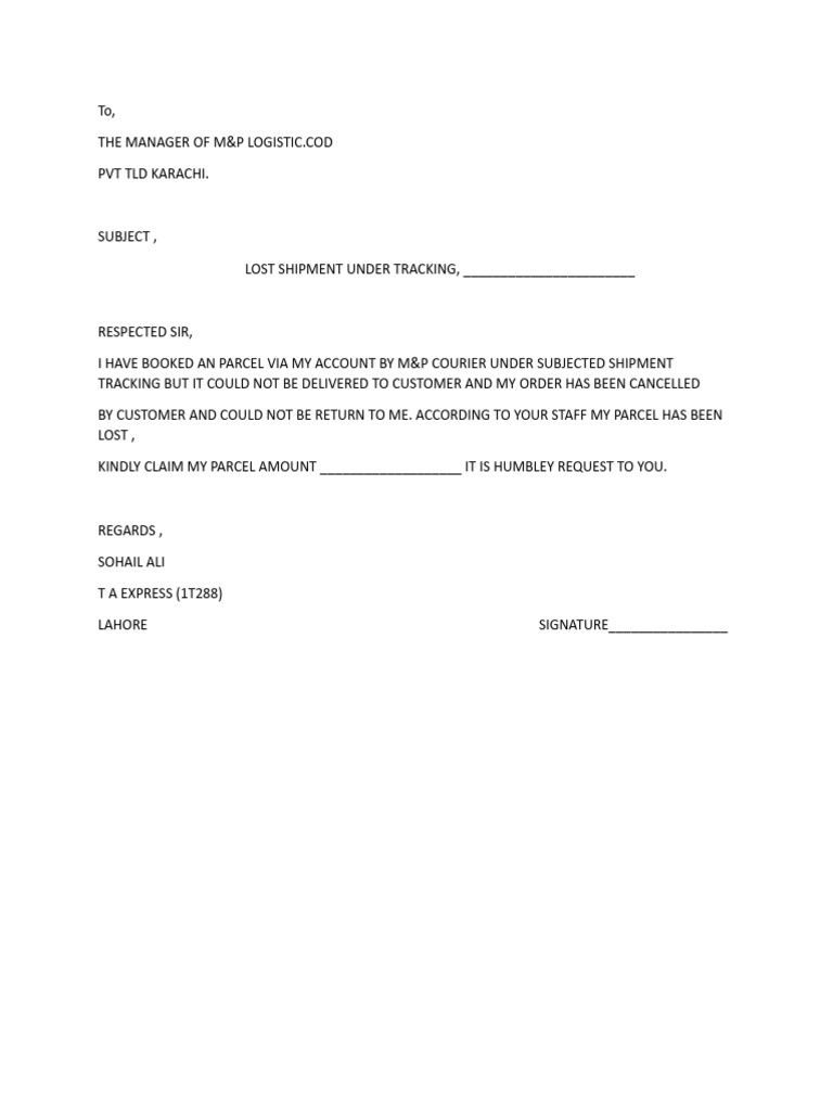 Lost Shipment Claim Request Letter | PDF | Business | Finance & Money ...
