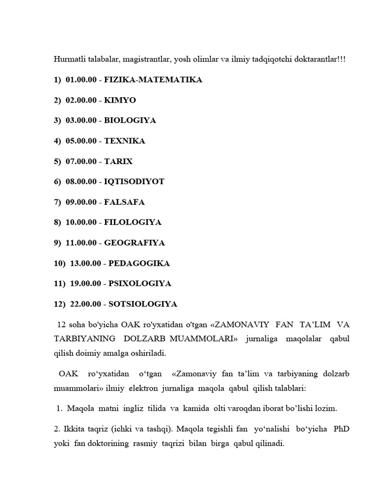 Maqola Qabul Qilish Talablari OAK Jurnal | PDF