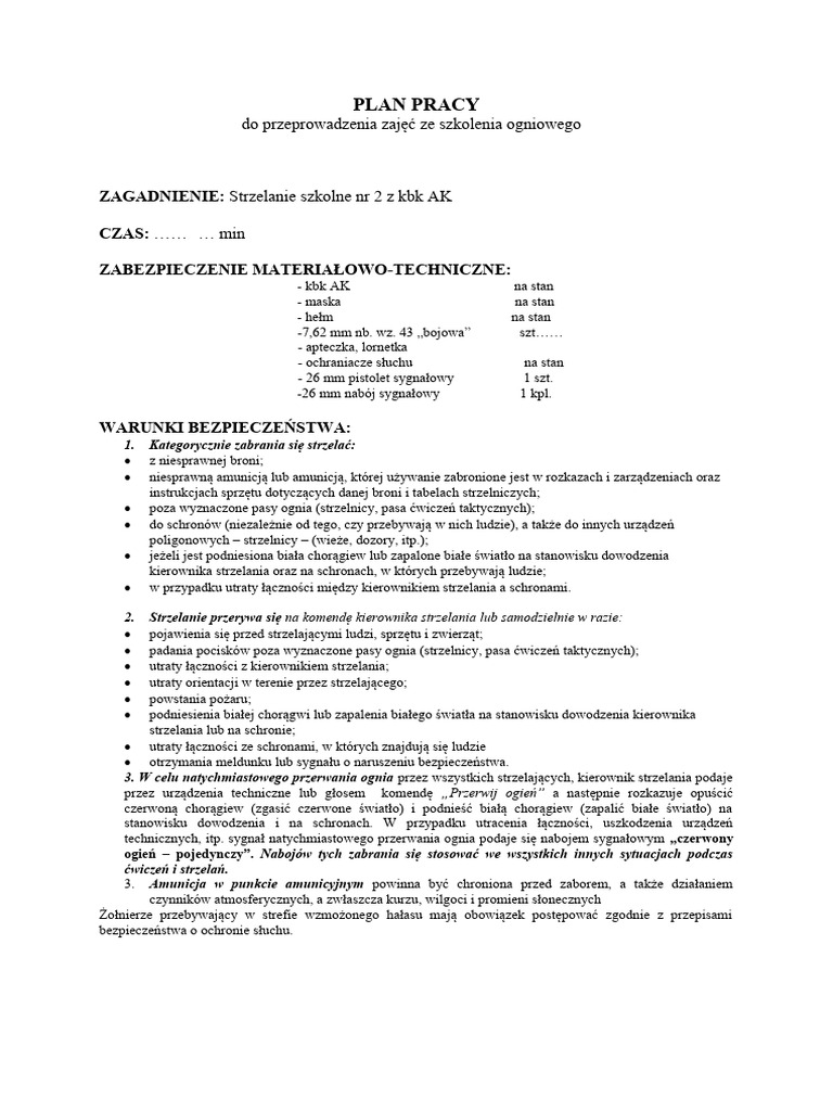 Plan Pracy - Ogniowe - Strzelanie Szkolne NR 2 Z KBK 23.11.2006 R | PDF