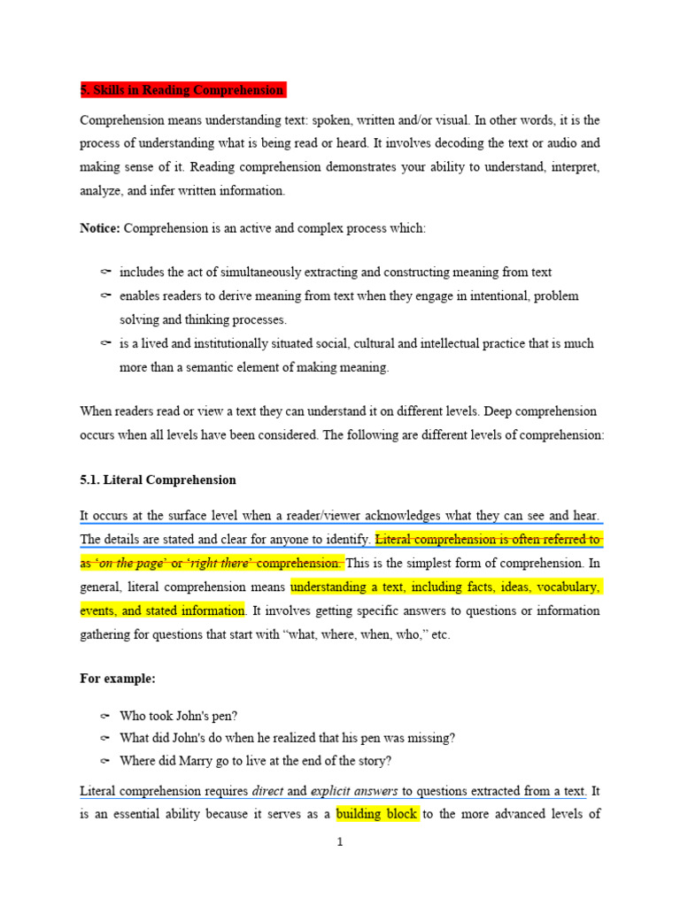 Levels of Reading Comprehension Skills | PDF | Reading Comprehension ...