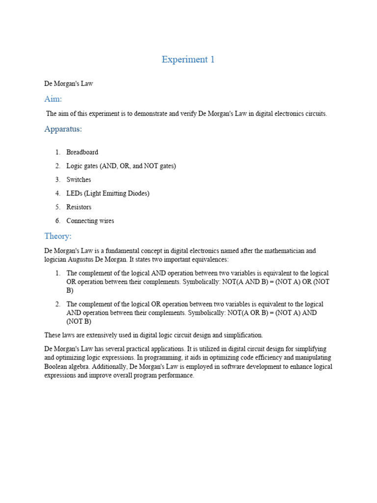 Experiment 1 Pdf Logic Gate Electronic Circuits