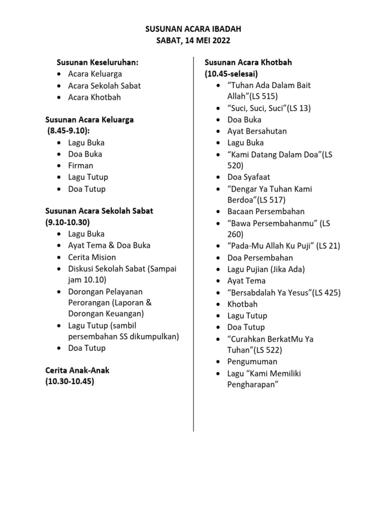 Susunan Acara Ibadah - Sabat, 14 Mei 2022 | PDF
