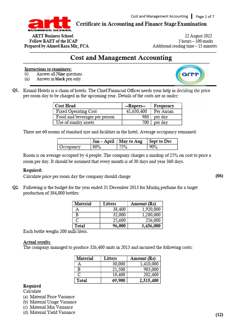 Caf-03 Cma Artt Mock QP With Sol | PDF | Cost | Labour Economics