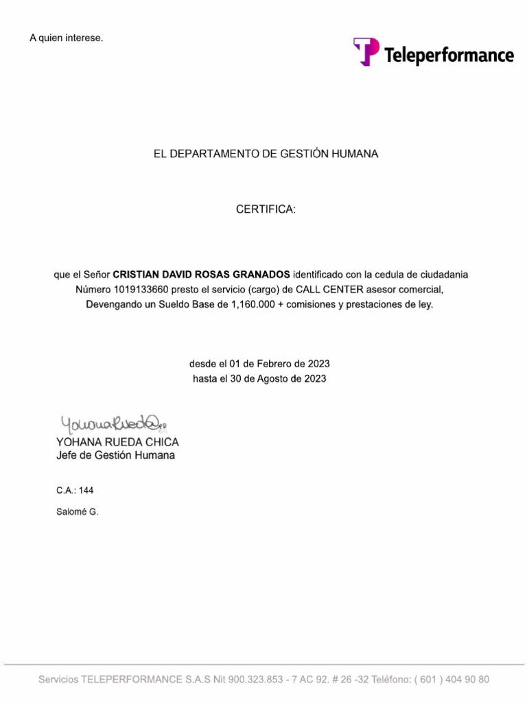 Certificado Laboral Teleperformance - Granados | PDF