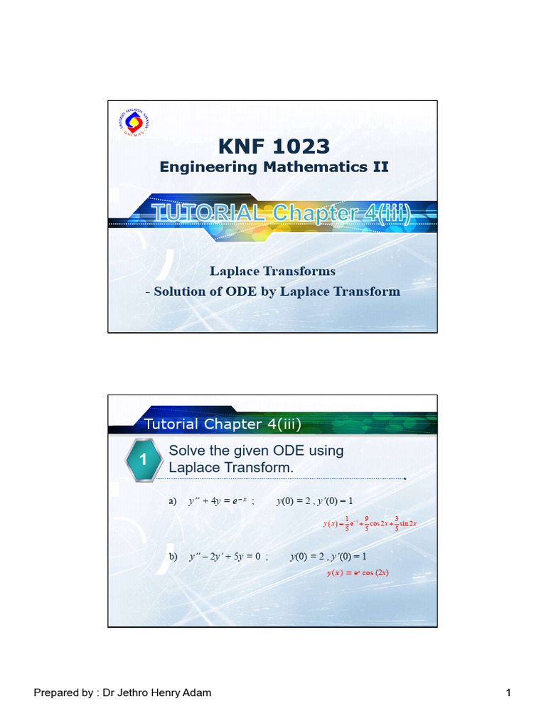 Tutorial Chapter 4 (III) - Laplace Transform - Solving ODE Using Laplace Transform | PDF