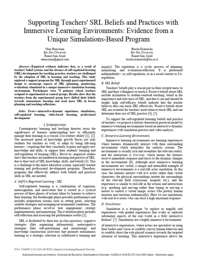 Supporting Teachers SRL Beliefs and Practices With Immersive Learning ...