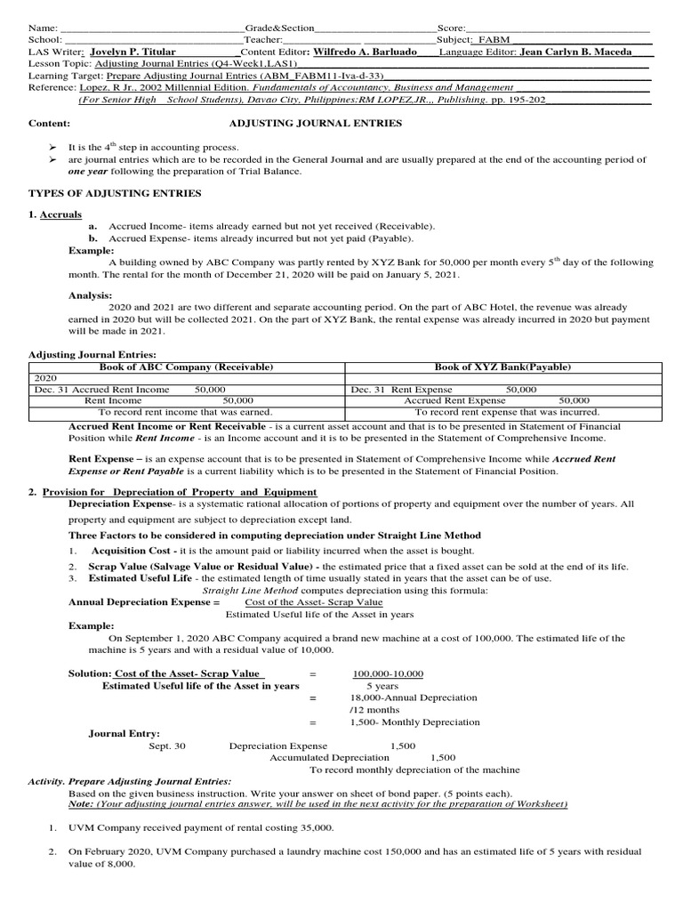 FABM1 11 Quarter 4 Week 1 Las 1 | PDF | Depreciation | Expense