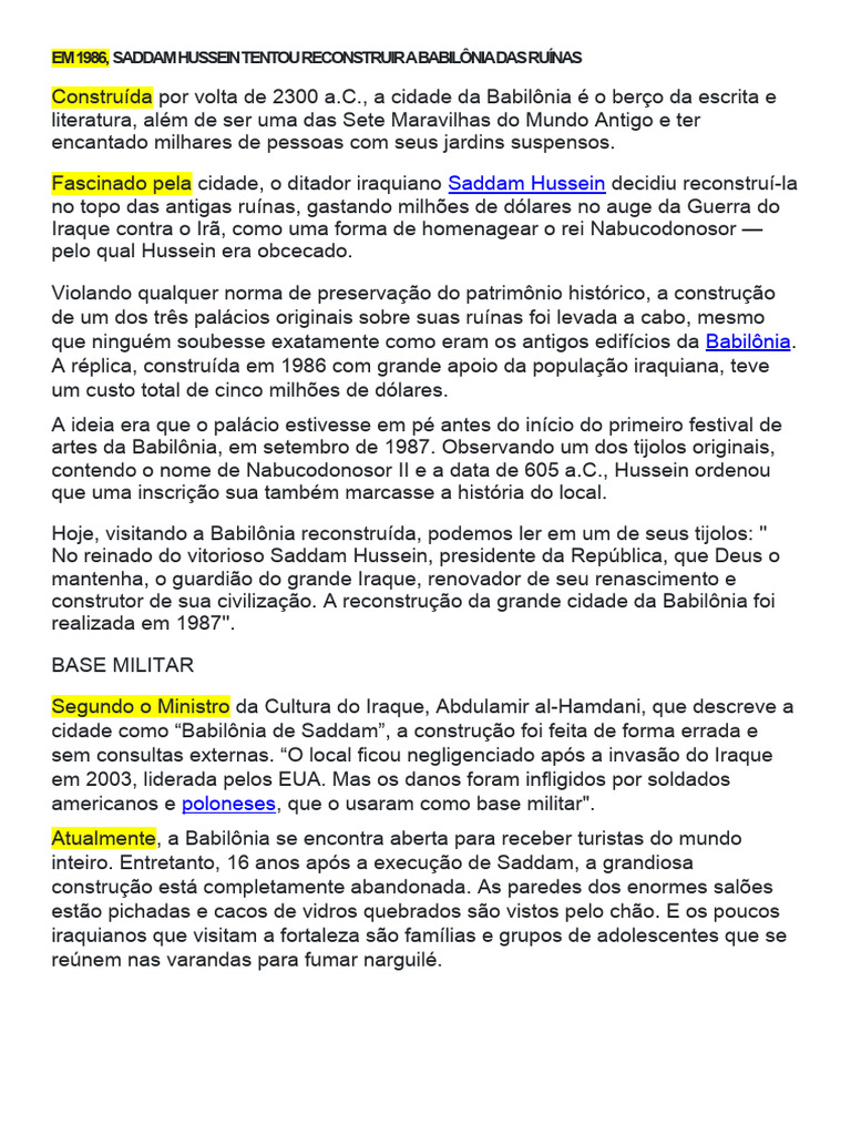 Reconstrução da Babilônia por Saddam | PDF | Babilônia | Iraque