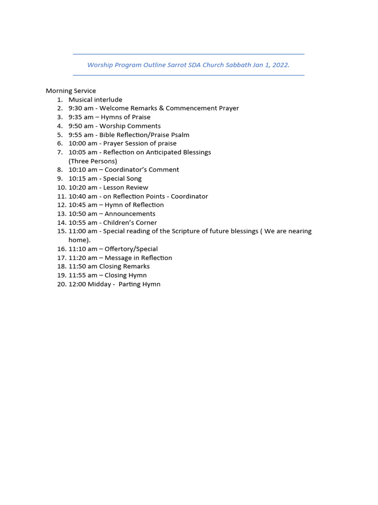 Worship Program Outline for Jan 1, 2022 | PDF