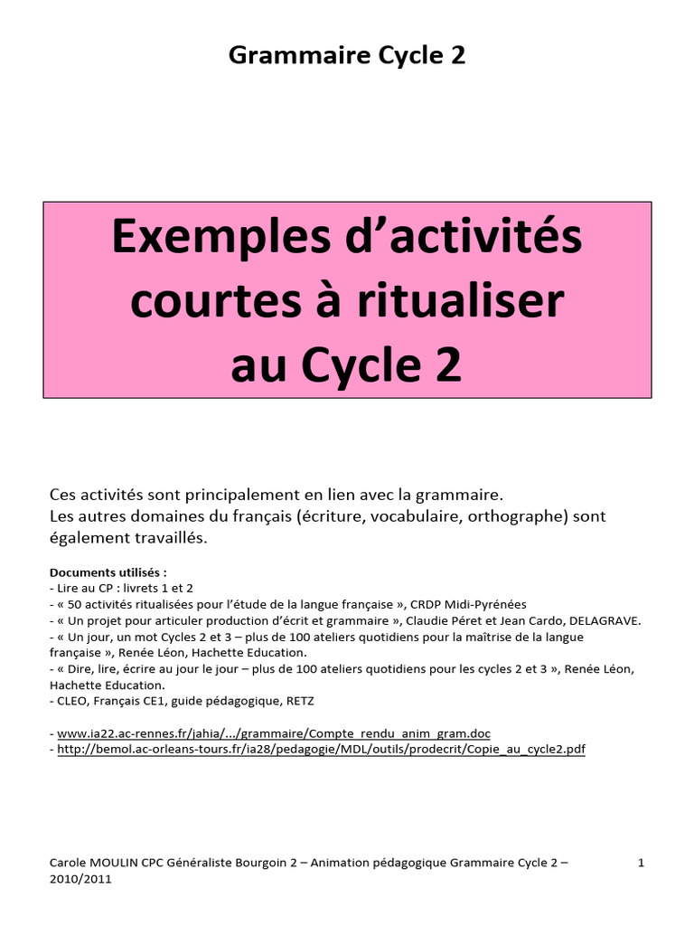 Activités de grammaire Cycle 2 | PDF | Verbe | Nombre grammatical