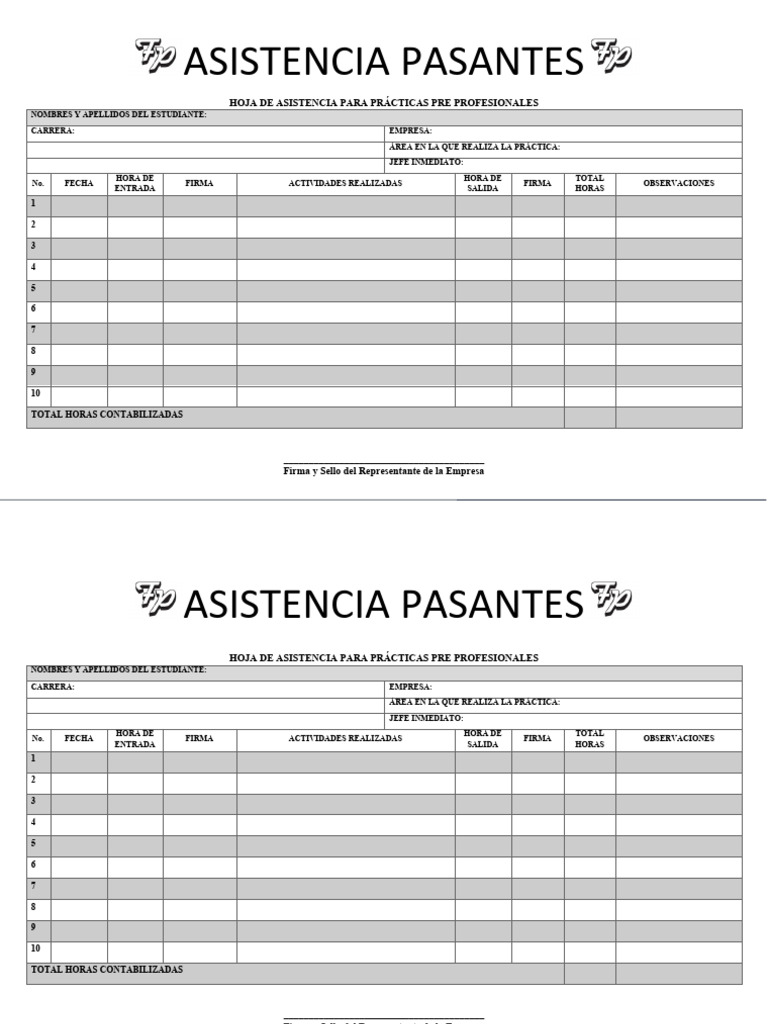 Formato Hoja de Asistencia Practicas Pre Profesionales | PDF Formato Hoja de Asistencia Practicas Pre Profesionales | PDF