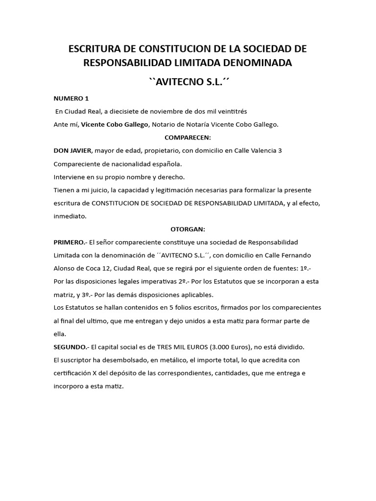 ESCRITURA DE CONSTITUCION DE LA SOCIEDAD DE RESPONSABILIDAD LIMITADA DENOMINADA | PDF | Gobierno ...